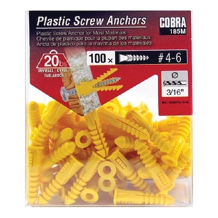 Cobra Anchors Cobra Anchors Screw Anchor, 7/8 in L, Plastic, 75 lb 185M ...