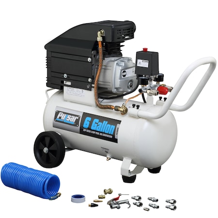 Pulsar 6Gal Hztl Tank Prtbl Air Compressor w/ Wheel Kit/Air Hose/14Pc ...