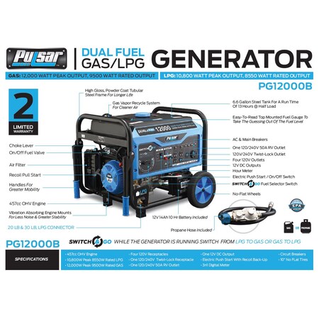 PULSAR Hybrid 12,000 W Portable Generator, 8 gal. Gasoline/Liquid ...