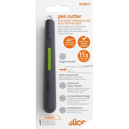 Slice Pen Cutter w/Retract Blade, 5/8"x5/8"x5-1/8", Gray SLI10512 | Zoro
