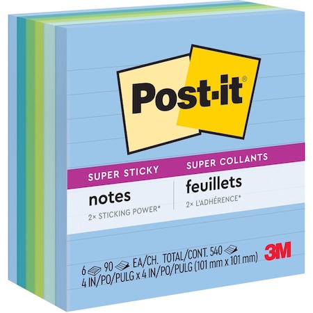 Post-It Note, Post-It, 4X4, 6Pk, Lined Pk MMM6756SST | Zoro