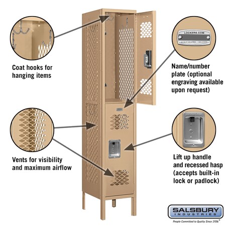 Salsbury Industries 2 Tier Vented Locker, 12"Wx66"Hx15"D, 2 Door, Tan ...