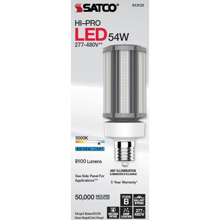 Satco Bulb, LED, ED17, 54W, EX39,277V-480V, 5000K, 8100L S13123 | Zoro