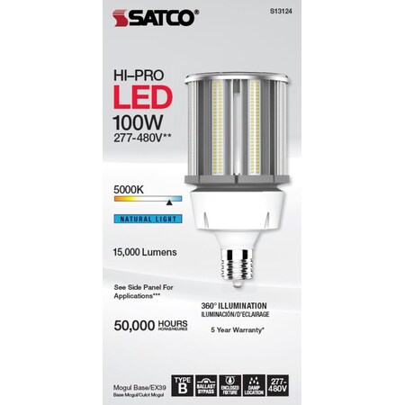 Satco Bulb, LED, ED17,100W, EX39,277V-480V, 5000K, 15000L S13124 | Zoro