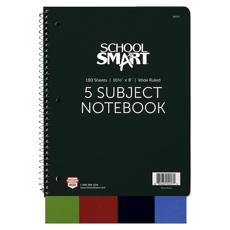School Smart Spiral Non-Perforated 5 Subject Wide Ruled Notebook, 10-1/ ...