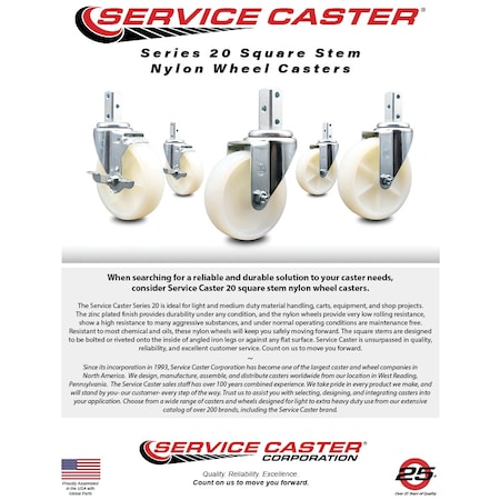 Service Caster 4 Inch Nylon Wheel Swivel 7/8 Inch Square Stem Caster ...