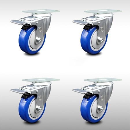 Service Caster 4 Inch SS Blue Polyurethane Top Plate Caster Set Total ...