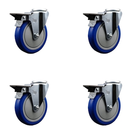 Service Caster 5'' Blue Poly Wheel Swivel Bolt Hole Caster Set with ...