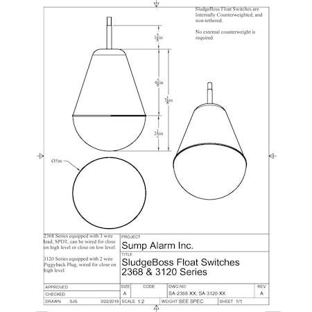 Sump Alarm Sewage/Septic Wire Lead Float Switch, Non Tethered, 16 Foot ...