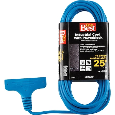 All-Source SJTW Extension Cord, 16 AWG, 16/3, 3 Outlets, Blue, 25 ft RP ...