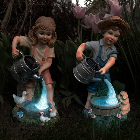 Pure Garden Solar Outdoor LED Light, Little Boy and Girl Statues 50-186 ...