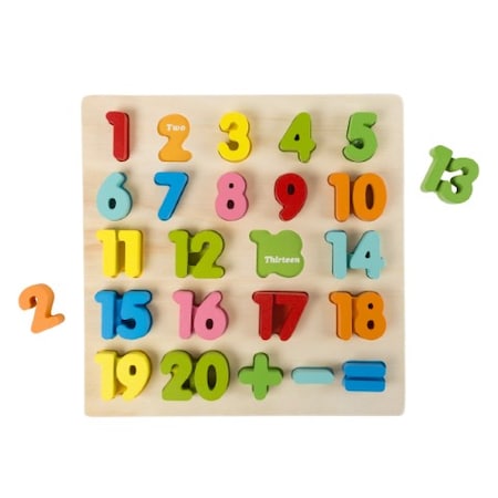 Toy Time Wooden Number Puzzle Board with Colorful Pieces and Math Signs ...