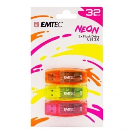 Emtec Pen Drive Neon 32Gb USB 2.0, Multi Color, 3PK ECADISP15P3NEOWM | Zoro