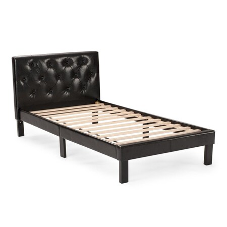 Poundex Twin Upholstered Bed Frame with Slats in Black Faux Leather ...