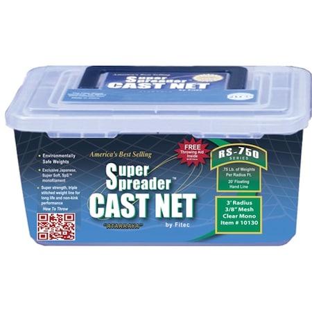 Fitec RS750 Super Spreader Cast Net 5'x3/8 in. Mesh Clear 3/4 lb wt ...