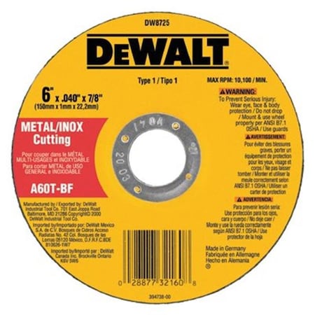 Dewalt Dewalt 115-DW8725 6 in. X.040 in. X.88 in. A60T Metalthin Cutoff ...