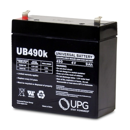Upg Sealed Lead Acid Battery, 4 V, 9Ah, UB490, F1 Faston Tab Terminal ...