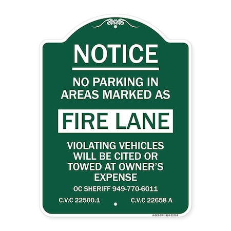 Signmission No Parking in Areas Marked as Fire Lane CVC Section 22500.1 ...