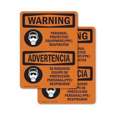 Signmission PPE Respirator Bilingual OSHA Warning Sign, Plastic, 7in W ...