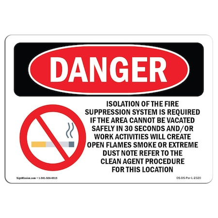Signmission OSHA Danger Sign, Isolation Of The Fire Suppression, 14in X ...