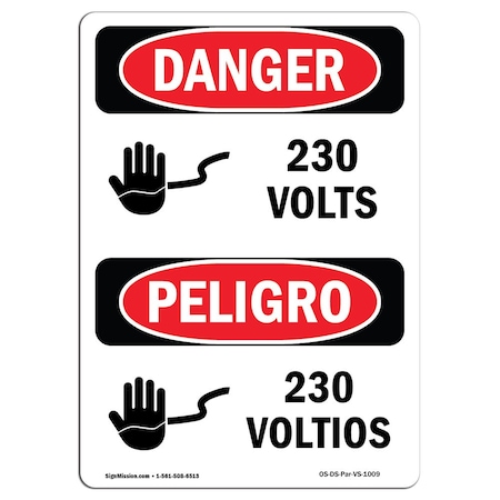 Signmission Safety Sign, OSHA Danger, 24" Height, 230 Volts, Bilingual ...