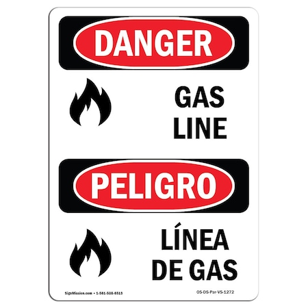 Signmission Safety Sign, OSHA Danger, 24" Height, Gas Line, Bilingual ...
