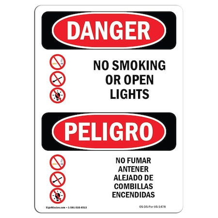 Signmission OSHA Sign, No Smoking Or Open Lights Bilingual, 10in X 7in ...