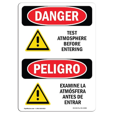 Signmission OSHA Sign, Test Atmosphere Before Entering Bilingual, 14in ...