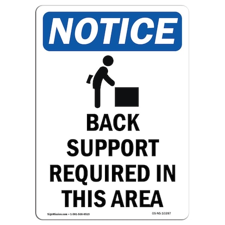 Signmission OSHA Notice Sign, Back Support Required With Symbol, 10in X ...