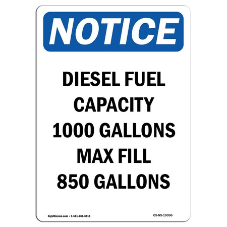 Signmission Safety Sign, OSHA Notice, 5" Height, Diesel Fuel Capacity ...