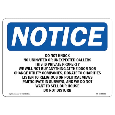 Signmission Safety Sign, OSHA Notice, 12" Height, Do Not Knock No ...