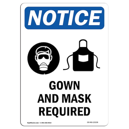 Signmission OSHA Notice Sign, Gown And Mask Required With Symbol, 24in ...