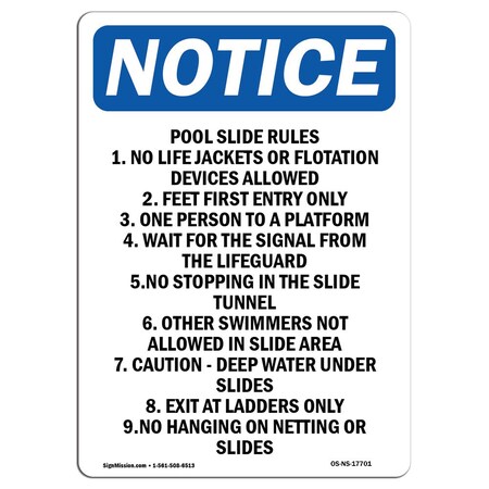 Signmission Safety Sign, OSHA Notice, 24" Height, Pool Slide Rules 1 ...