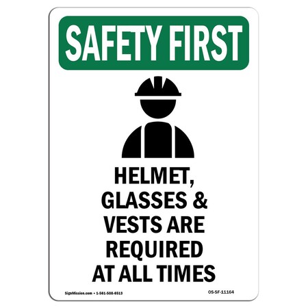 Signmission OSHA SAFETY FIRST Sign, Helmet Glasses And W/ Symbol, 24in ...