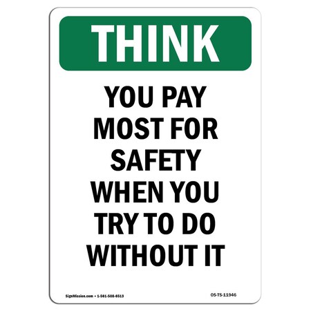 Signmission OSHA THINK Sign, You Pay Most For Safety When You Try, 10in ...
