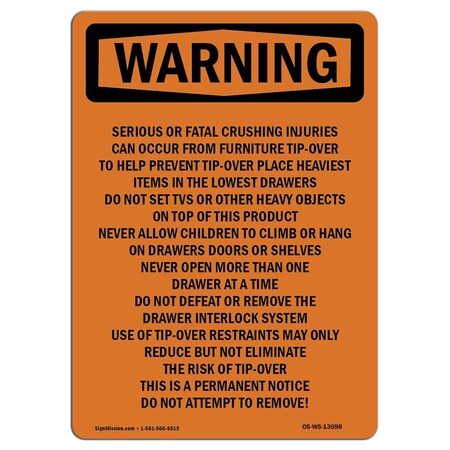 Signmission OSHA WARNING Sign, Tip-Over Hazard Do Not Attempt To Remove ...
