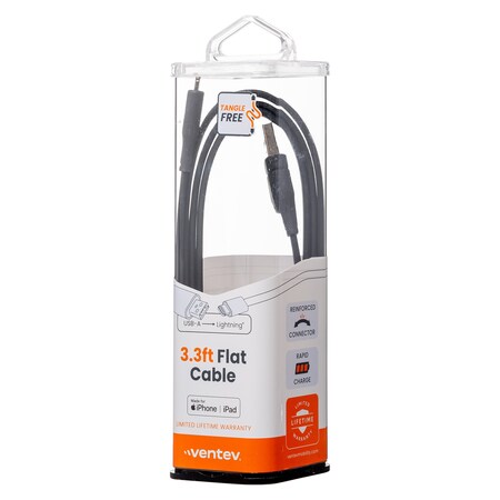 Ventev Chargesync Flat USB A to Apple Lightning Cable 3ft, Black FC3 ...