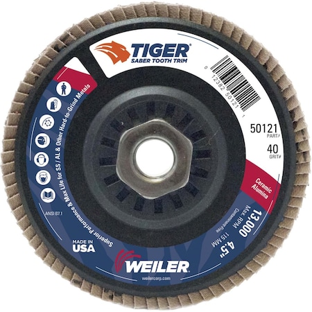 Weiler 4-1/2 Tiger Flap Disc, Conical TY29, 40C, 5/8-11 UNC 50121 | Zoro