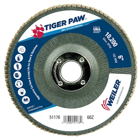 Weiler 6" Tiger Paw Abrasive Flap Disc, Angled (TY29), 60Z, 7/8" 51176 ...