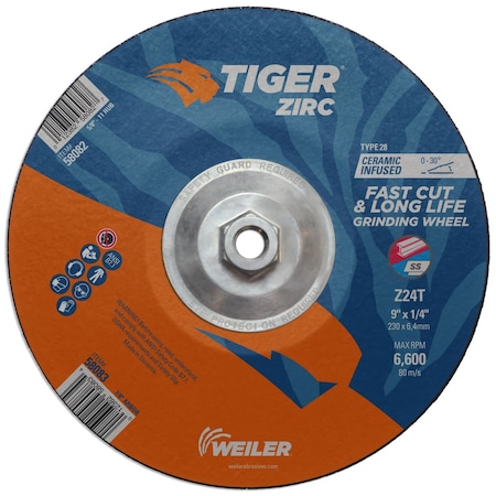 Weiler 9"x 1/4" TIGER ZIRC Type 28 Grinding Wheel, Z24T, 5/8"-11 Nut ...