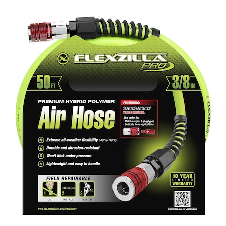 Flexzilla Pro Air Hose, 3/8" x 50, w ColorConnex HFZP3850YW2-D | Zoro