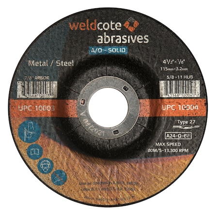 Weldcote Cutting / Notch Wheel 4-1/2 X 1/8 X 7/8 A24-Q-Bf Steel T27 A ...