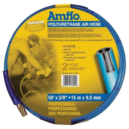 Amflo Air Hose, 38 in OD, 50 ft L, MNPT, 300 psi Pressure, Polyurethane ...