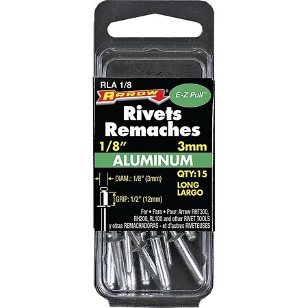 Arrow Pop Rivet, Long, 1/2 in L, Aluminum, 15PK RLA1/8 | Zoro
