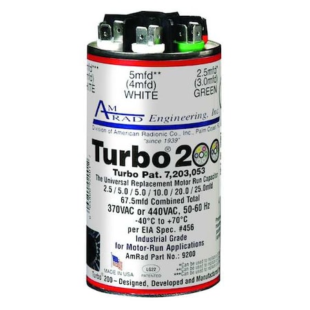 Global Motor Run Capacitor, 2.5-67.5MFD, 370/440V Turbo 200 | Zoro