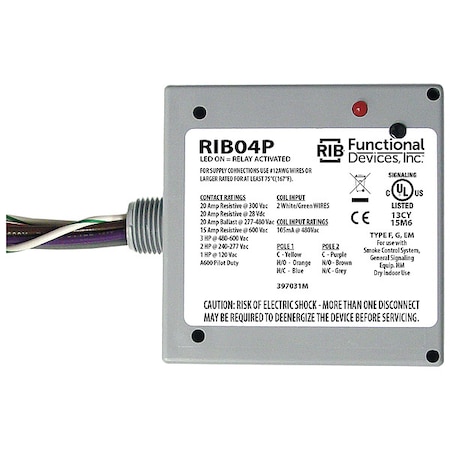 Functional Devices-Rib Enclosed Pre-Wired Relay, 20A at 300VAC, DPDT ...