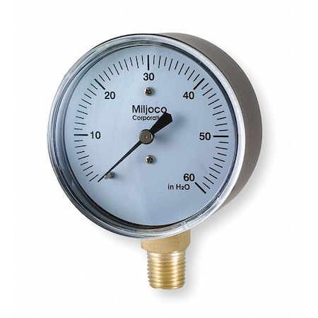 Miljoco Pressure Gauge, 0 to 60 In. H2O, 1/4" MNPT, Steel, Black ...