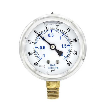 Pic Gauges Compound Gauge, -30 to 0 to 30 in Hg/psi, 1/4 in MNPT, Stainless Steel, Silver PRO ...