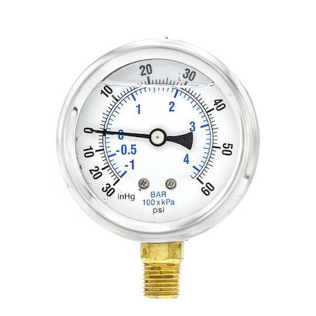 Pic Gauges Compound Gauge, -30 to 0 to 60 in Hg/psi, 1/4 in MNPT, Stainless Steel, Silver PRO ...