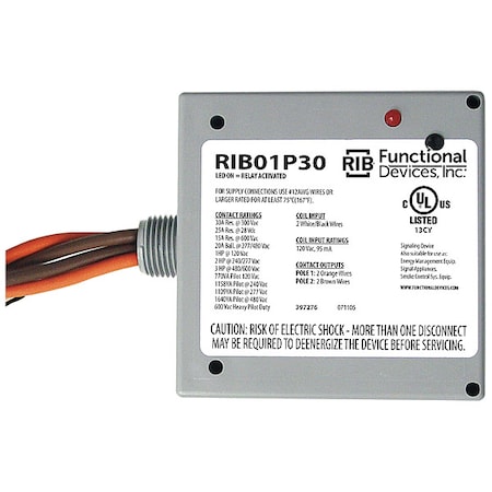 Functional Devices-Rib Enclosed Pre-Wired Relay, 20A at 300VAC, DPST ...
